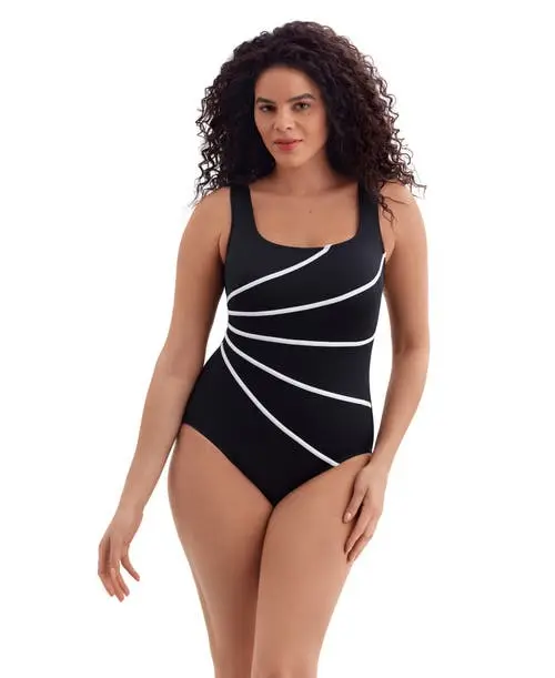 LONGITUDE Fan Tank Long Torso One-piece Swimsuit - Solidtude - Black/white