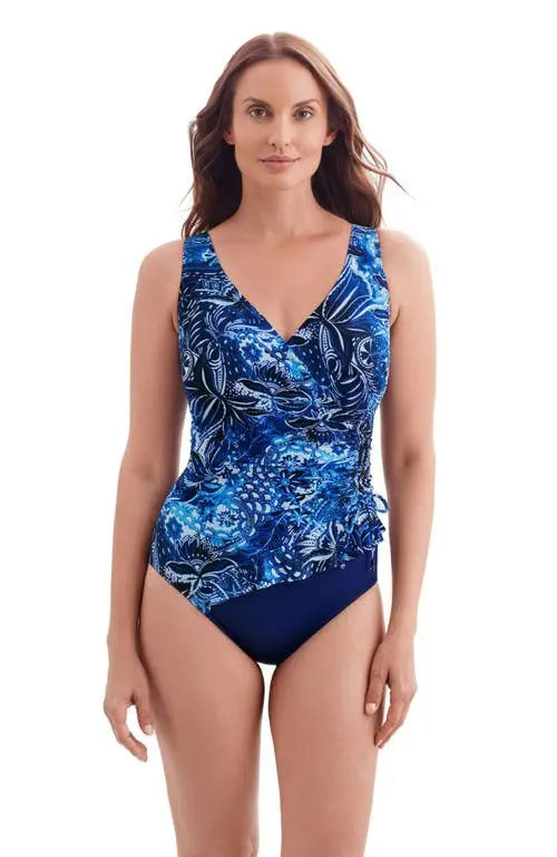 LONGITUDE Ruffle Surplice Long Torso One-piece Swimsuit - Paisley Garden