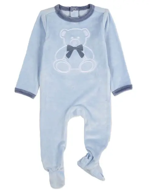 MINIMOI Teddy Bear Embossed Velour Footie - Pearl Blue