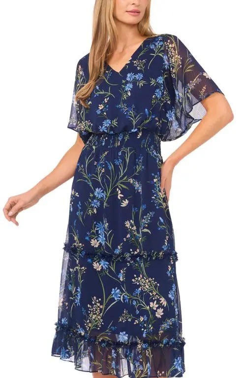 CECE DUPRAZ Floral Smock Waist Midi Dress