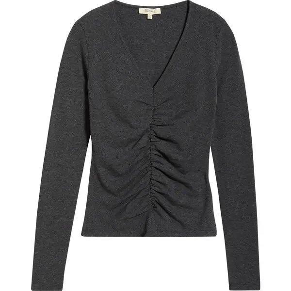 Madewell Shirred V-neck Long Sleeve Top - Heather Charcoal
