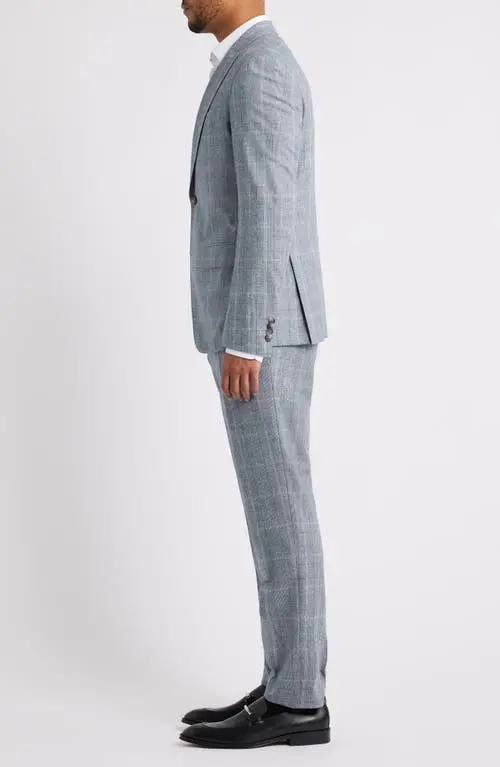 BOSS Huge Slim Fit Grey Glen Check Wool Suit - Open Blue