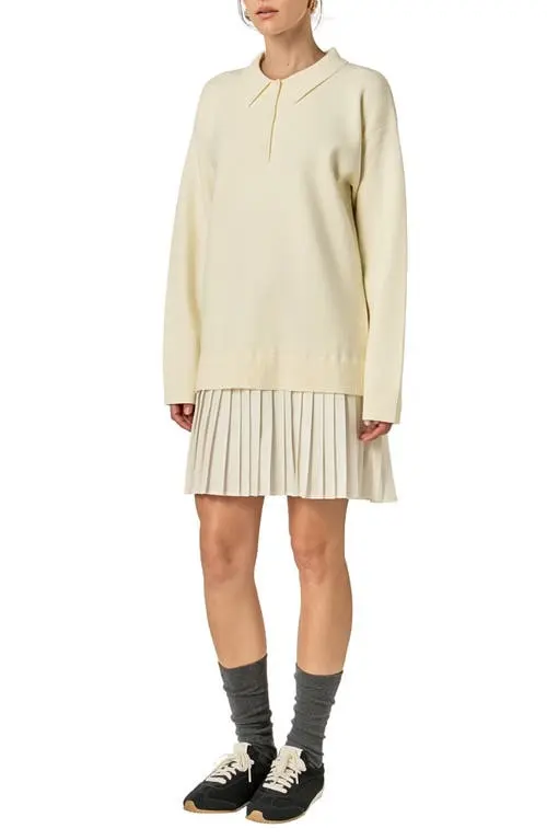 English Factory Long Sleeve Mixed Media Polo Mini Dress - Cream