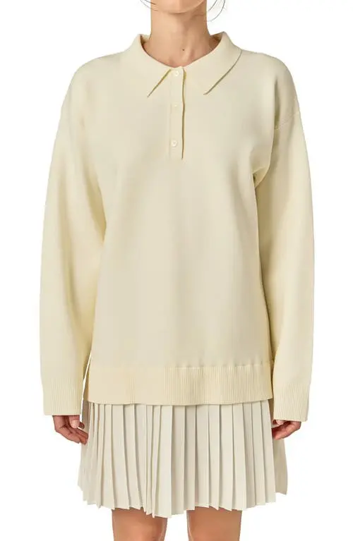 English Factory Long Sleeve Mixed Media Polo Mini Dress - Cream