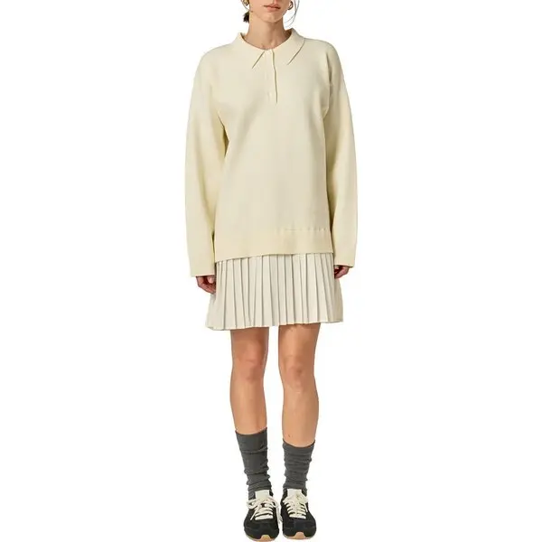 English Factory Long Sleeve Mixed Media Polo Mini Dress - Cream