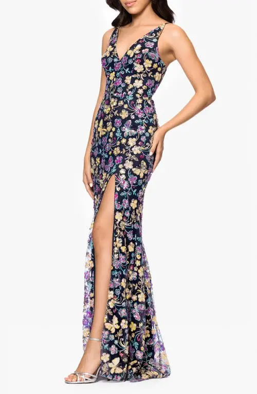 Blondie Nites Butterfly Sequin Sleeveless Gown - Navy/Multi | Editorialist