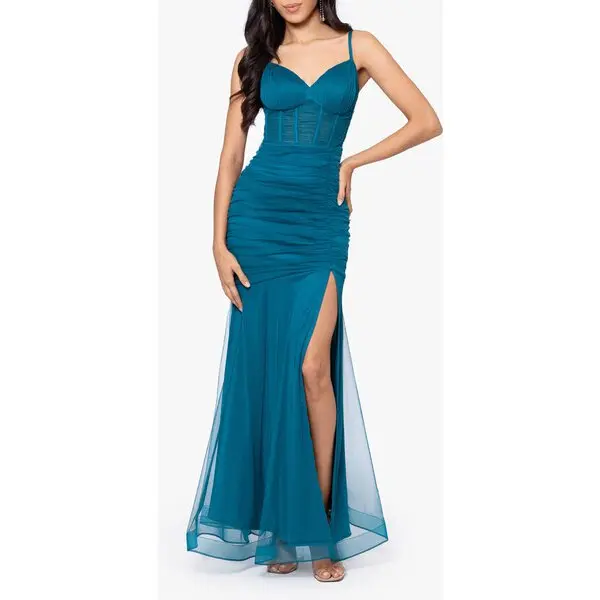 BLONDIE NITES Ruched Corset Mermaid Gown - Teal