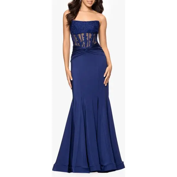 BLONDIE NITES Sequin Strapless Trumpet Gown - Navy
