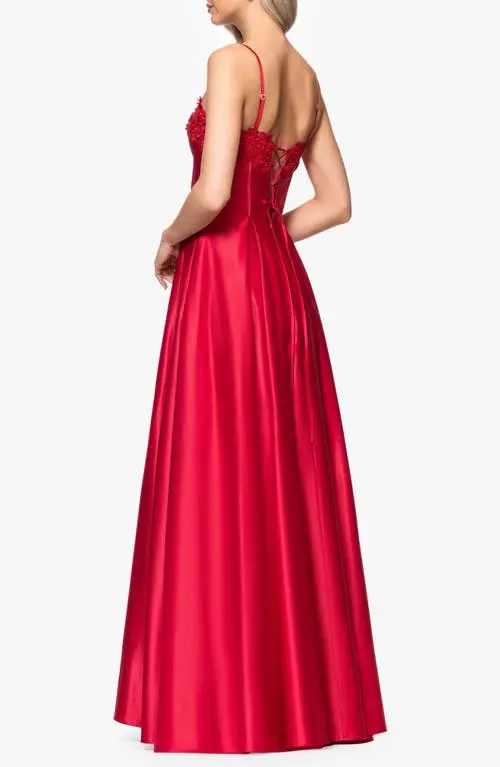 BLONDIE NITES Floral Appliqué Lace-up Satin Ballgown