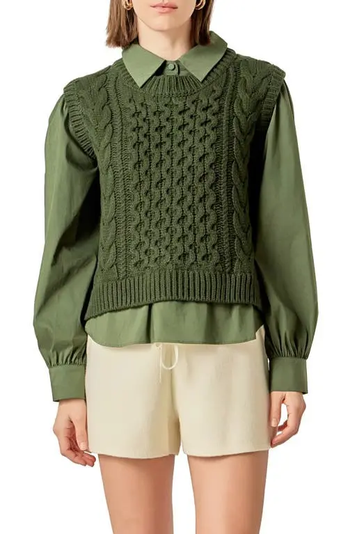 English Factory Mixed Media Cable Stitch Sweater - Olive