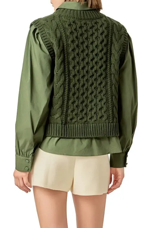 English Factory Mixed Media Cable Stitch Sweater - Olive
