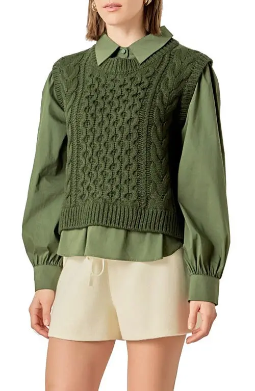 English Factory Mixed Media Cable Stitch Sweater - Olive
