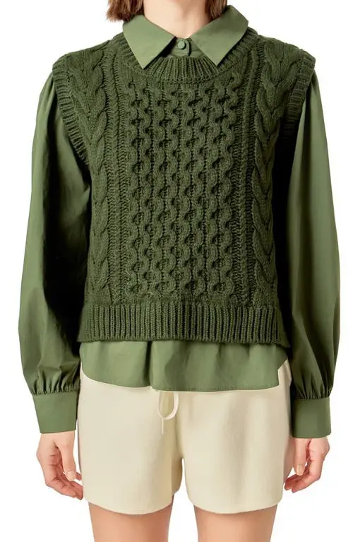 English Factory Mixed Media Cable Stitch Sweater - Olive