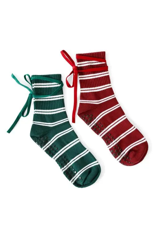 PILATES UNIVERSITY 1883 2-pack Sporty Grip Crew Socks - Hunter Green/burgundy