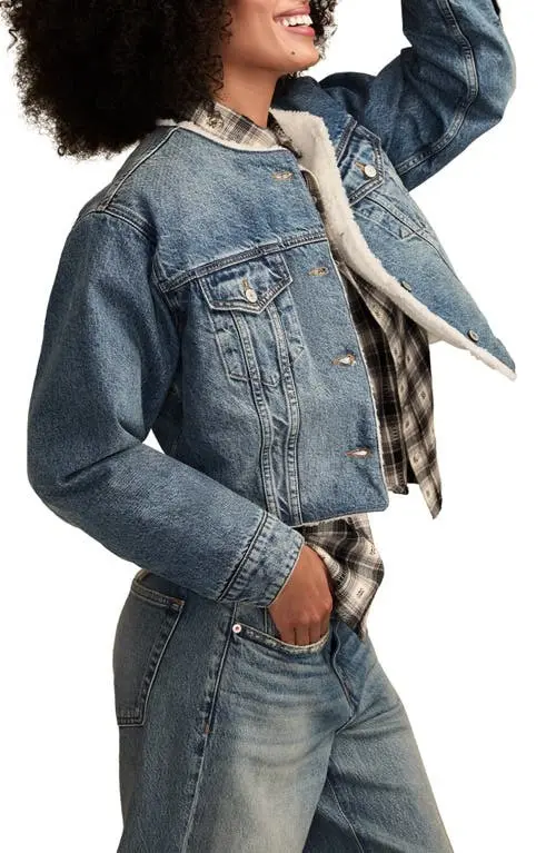 Lucky Brand Collarless Crop Denim Trucker Jacket