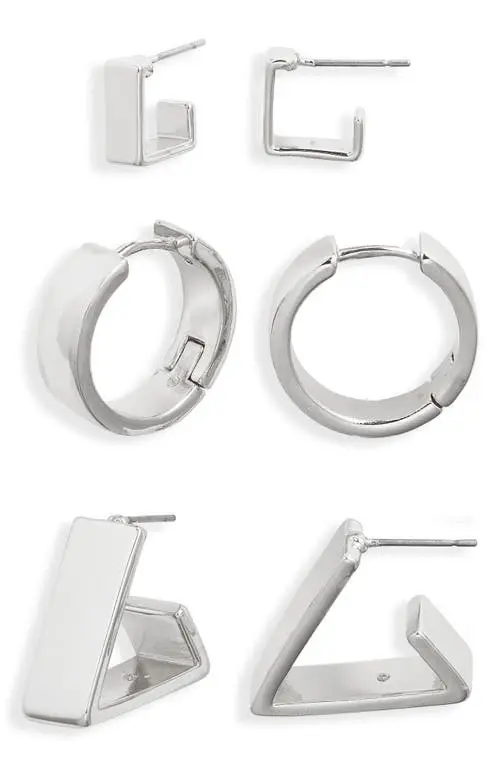 OPEN EDIT Geometric Hoop Earrings Set Of 3 - Silver