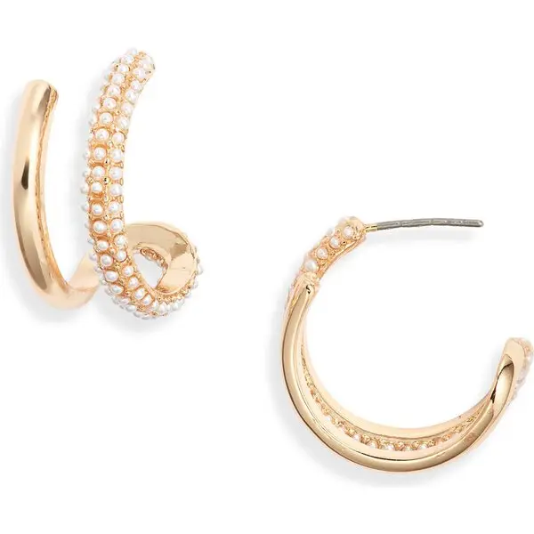 OPEN EDIT Faux Pearl Hoop Earrings - White- Gold
