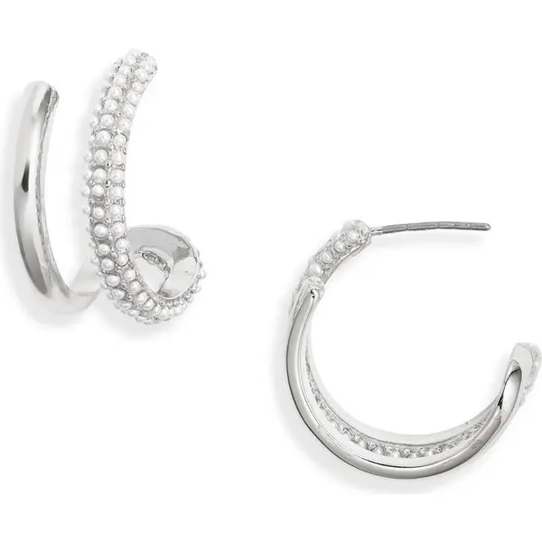 OPEN EDIT Faux Pearl Hoop Earrings - White- Silver