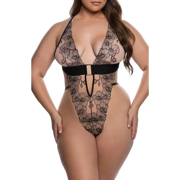 ROMA CONFIDENTIAL Orchid Blossom Embroidered Teddy - Nude/black