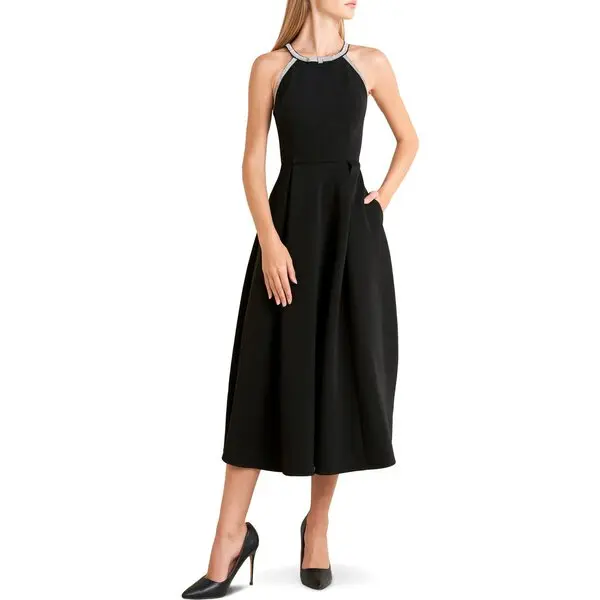 FREEMARKET Rhinestone Sleeveless Midi Dress - Black