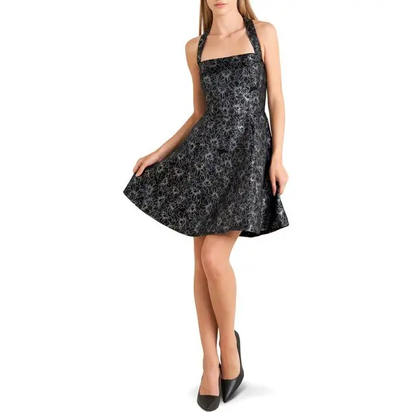 FREEMARKET Metallic Print Halter Fit & Flare Mini Dress - Black/silver