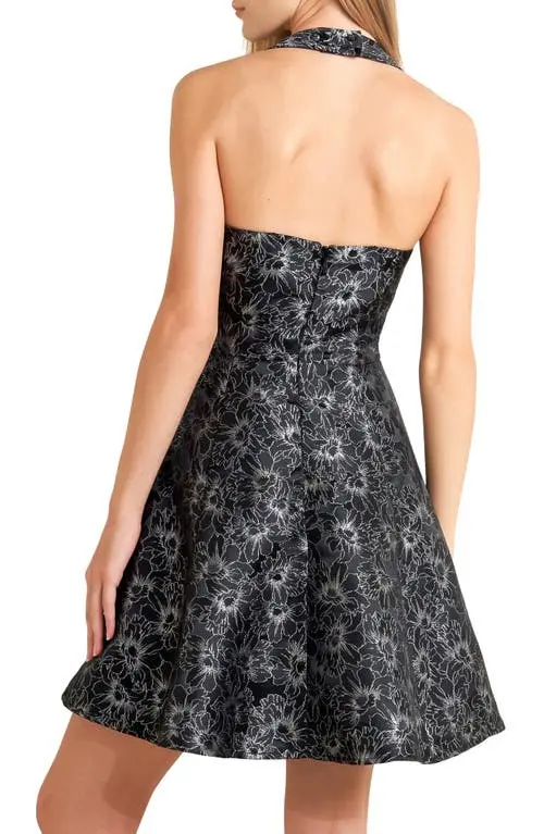 FREEMARKET Metallic Print Halter Fit & Flare Mini Dress