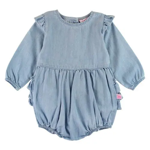 RUFFLEBUTTS Long Sleeve Flutter Bubble Romper - Light Wash