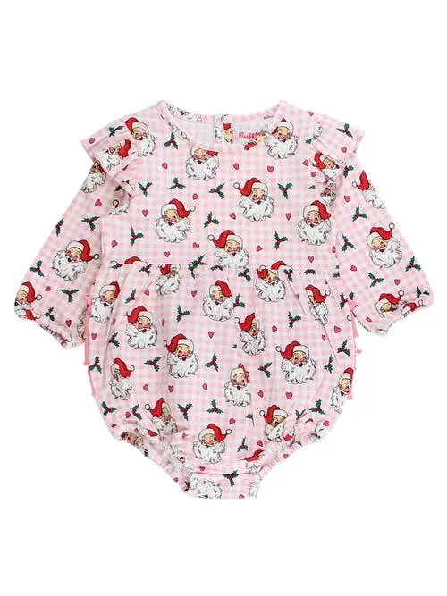 RUFFLEBUTTS Long Sleeve Flutter Bubble Romper - Pink Dear Santa
