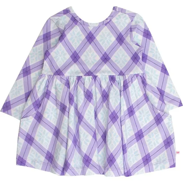 RUFFLEBUTTS Knit Long Sleeve Twirl Dress - Purple Enchanted Argyle