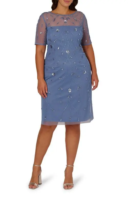 princess polly baby blue dress Adrianna Papell Beaded Mesh Sheath Dress - French Blue