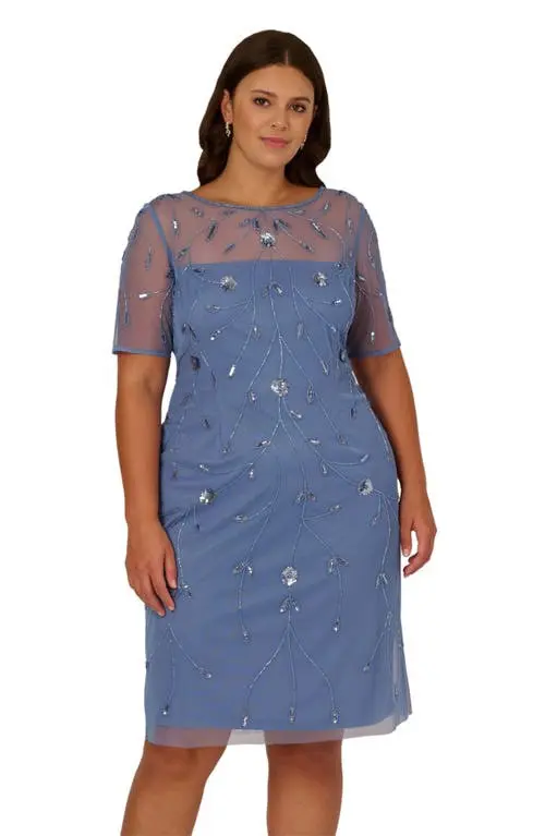 Adrianna Papell Beaded Mesh Sheath Dress - French Blue