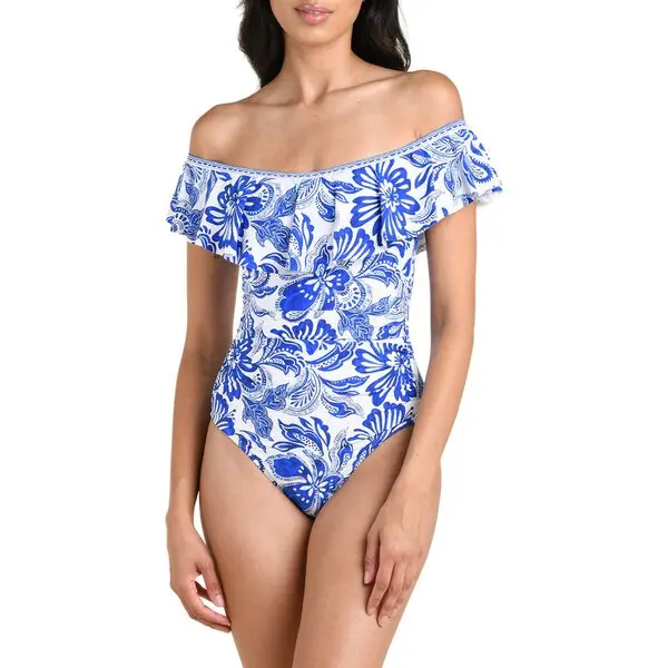 La Blanca Botanical Brocade Ruffle One-piece Swimsuit - Lapis