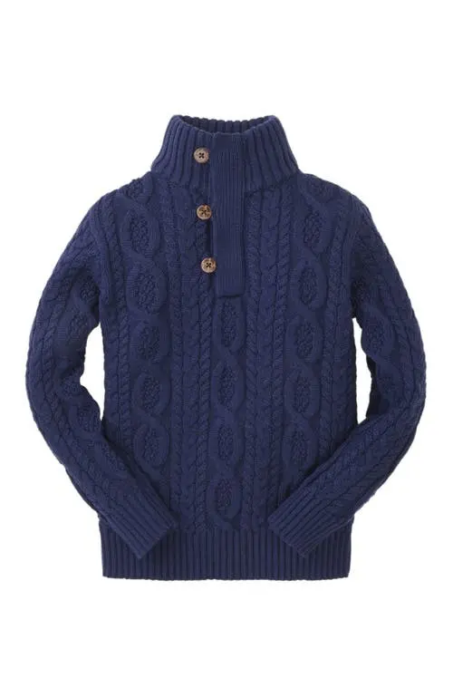 HOPE & HENRY Organic Cable Knit Sweater With Faux Leather Buttons - Navy