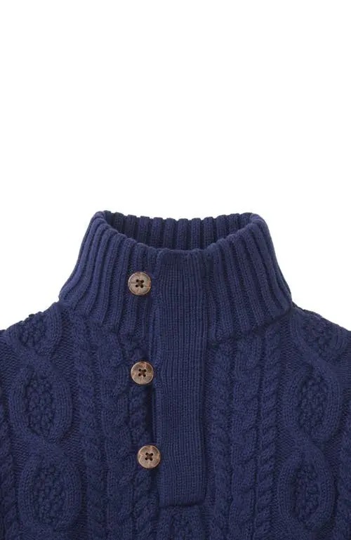 HOPE & HENRY Organic Cable Knit Sweater With Faux Leather Buttons - Navy
