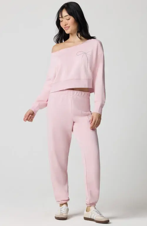 FLORENCE BY MILLS Crystal Bow Off The Shoulder Crop Sweatshirt - Ballet Slipper