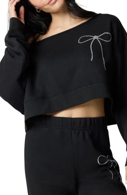 FLORENCE BY MILLS Crystal Bow Off The Shoulder Crop Sweatshirt - Black