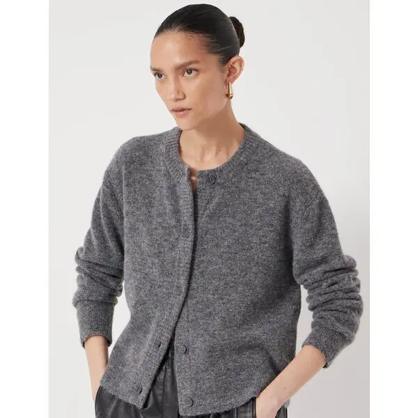 HUSH Crew Neck Boxy Wool Blend Cardigan - Mid Grey Marl