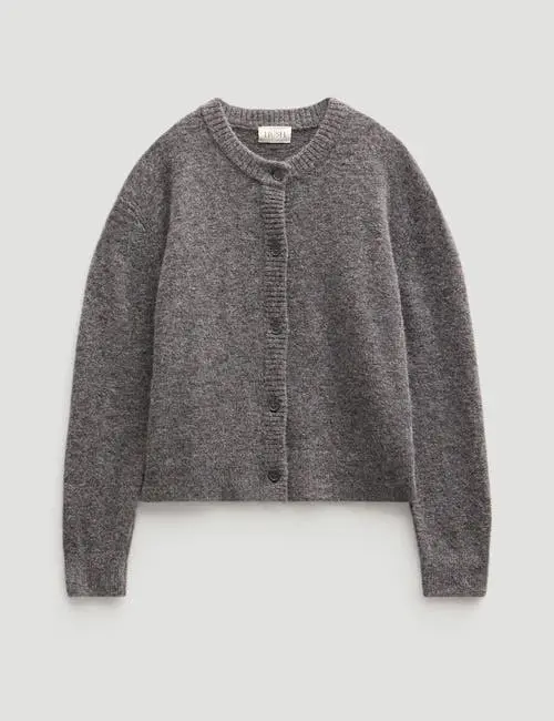 HUSH Crew Neck Boxy Wool Blend Cardigan - Mid Grey Marl