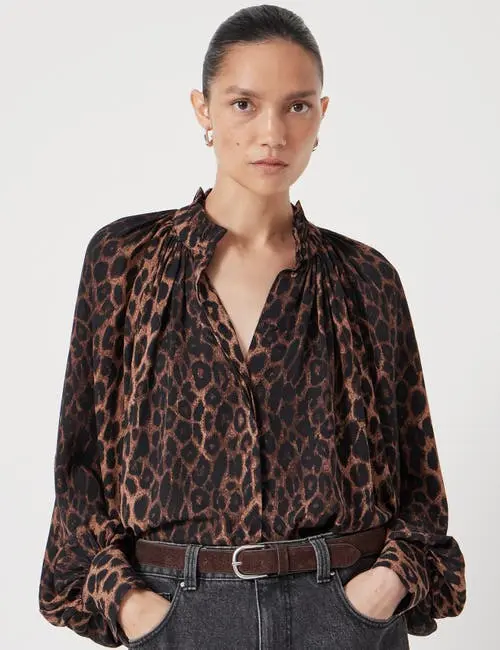 HUSH Fleur Floaty Chiffon Blouse - Natural Leopard Brown