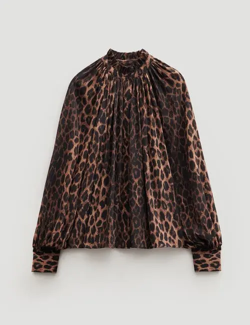 HUSH Fleur Floaty Chiffon Blouse - Natural Leopard Brown