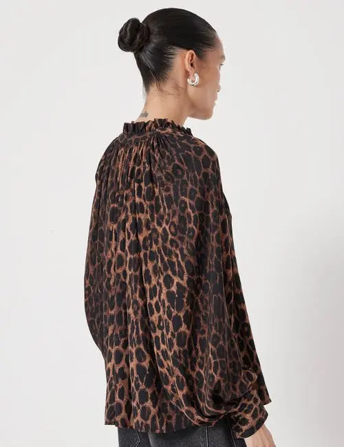 HUSH Fleur Floaty Chiffon Blouse - Natural Leopard Brown