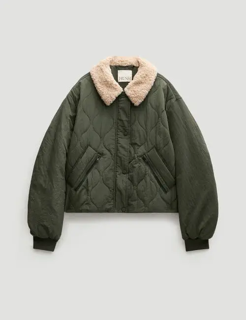 HUSH Teddy Collar Quilted Bomber
