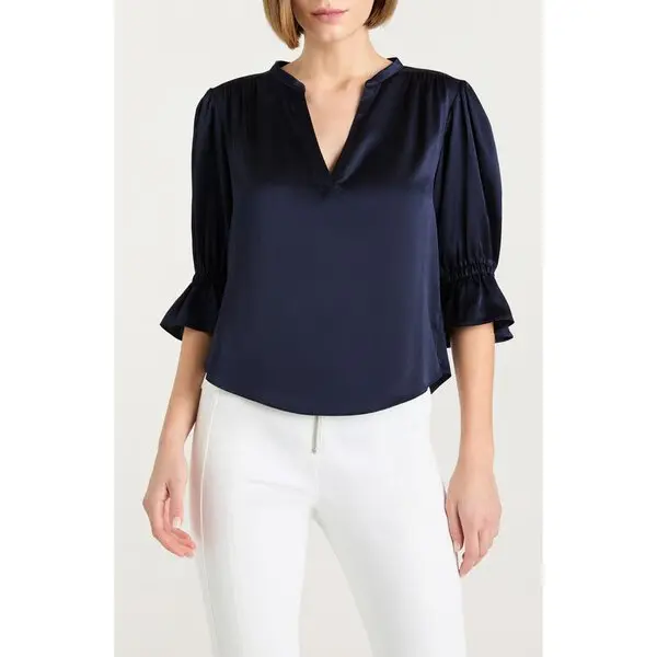 Cinq À Sept Fiona Split Neck Silk Top - Navy