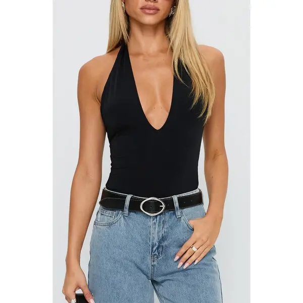 Princess Polly Plunge Neck Halter Bodysuit - Black
