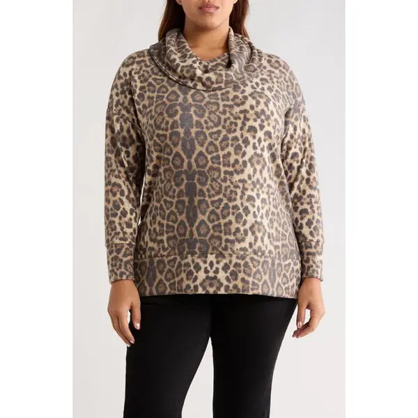 Loveappella Leopard Print Cowl Neck Tunic