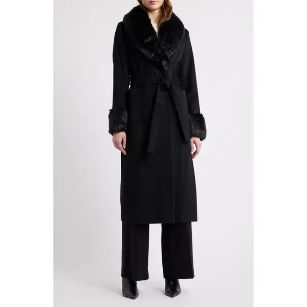 Via Spiga Wool-blend Wrap Coat With Faux Fur Trim