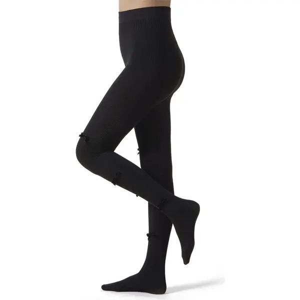 MEMOI Velvet Bow Rib Cotton Tights - Black