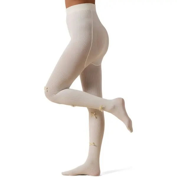 MEMOI Velvet Bow Rib Cotton Tights - Ivory