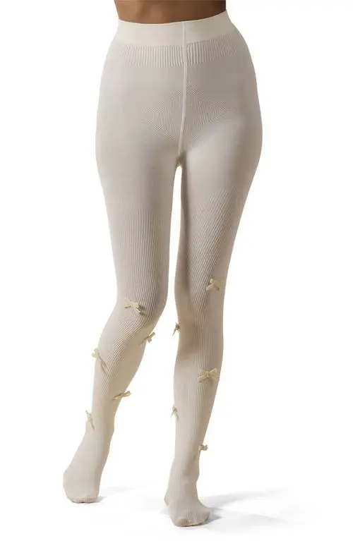 MEMOI Velvet Bow Rib Cotton Tights - Ivory