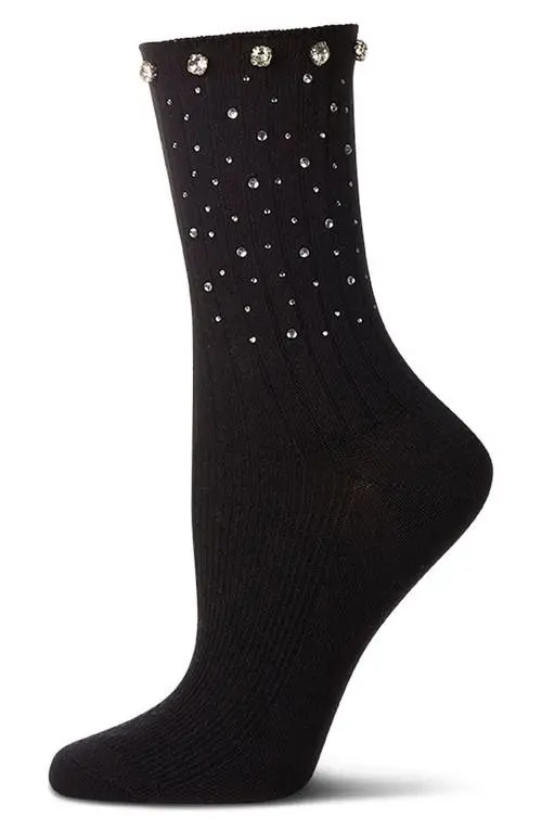 MEMOI Rhinestone Ribbed Crew Socks - Black
